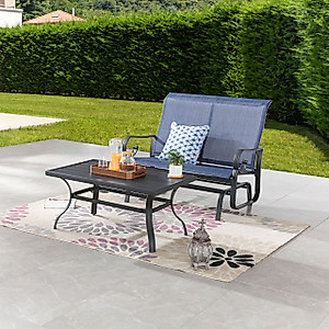 LOKATSE HOME 2 Pieces Outdoor Furniture Set Bench Glider Chair Metal Loveseat with Coffee Table, Blue