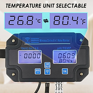 6 in1 PH Meter for Water Hydroponics Accuracy Digital PH Tester pH/EC/TDS/Salt/SG/Temperature Meter with Wireless Wi-Fi PH Monitor via Mobile APP for Household Drinking, Pool and Aquarium