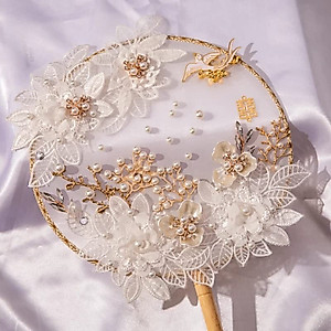 Chinese Traditional Bride Lace Flower Fan Vintage Round Hand-held Birds Fan Wedding Photography Props Accessorie (3-Pack)