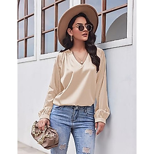 Ekouaer Satin Silk Pajama Set for Women V Neck Long Sleeve Tops and Shorts Matching Set with Pockets Champagne Medium