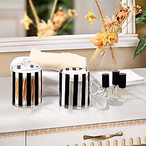 2 Pack Qtip Dispenser Apothecary Jars Bathroom Organizer, White and Black Striped Qtip Holder Storage Canister Plastic Acrylic Jar for Cotton Ball/Swab/Rounds