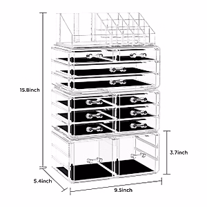 HBlife Acrylic Clear Dustproof Makeup Storage Organizer Drawers Large Skin Care Cosmetic Display Cases for Bathroom Stackable Storage Box with 12 Drawers for Vanity (Clear)