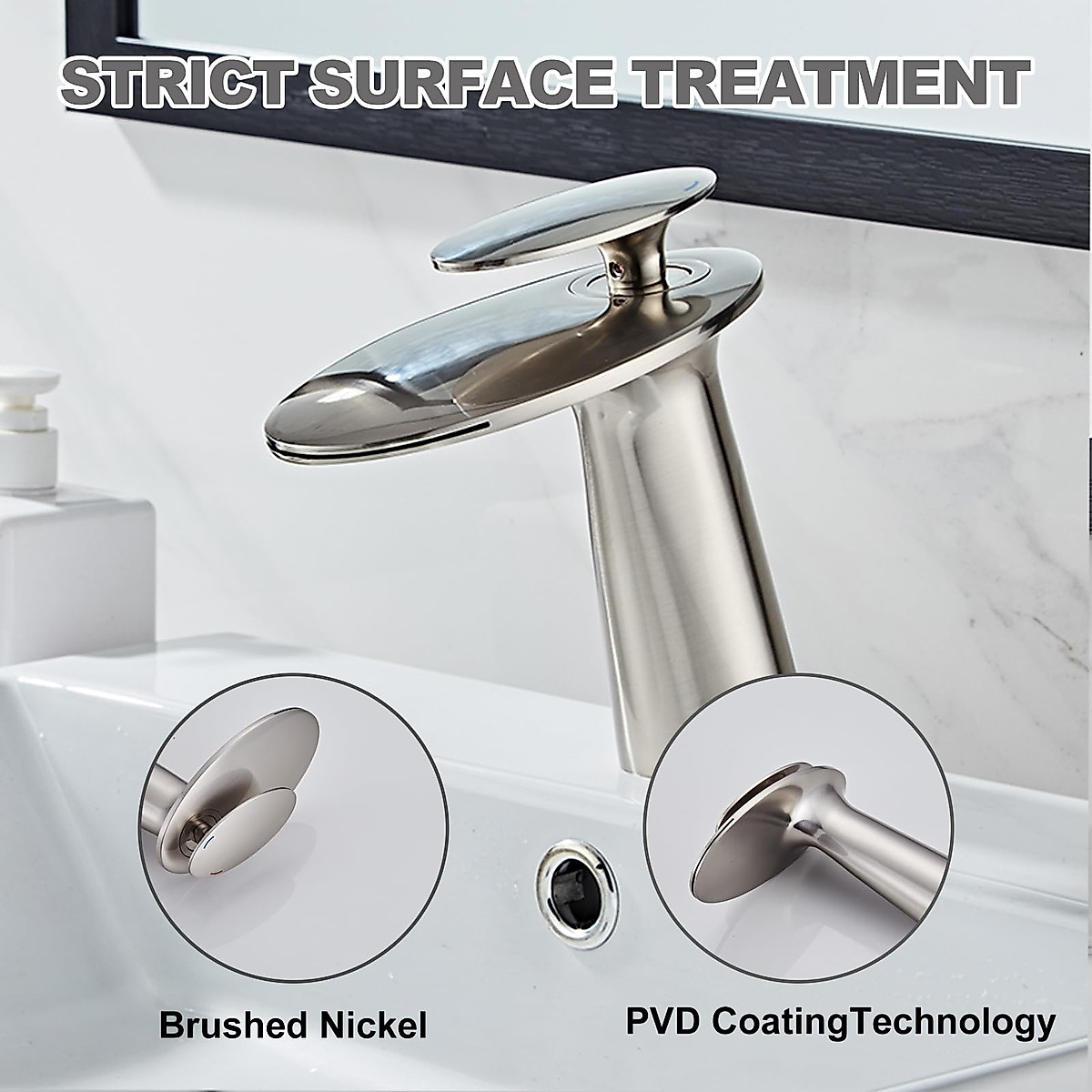 Wovier Brushed Nickel Waterfall Bathroom Sink Faucet,Single Handle Single Hole Brass Lavatory Vanity Faucet,Slanted Body Basin Mixer Tap with Supply Hose