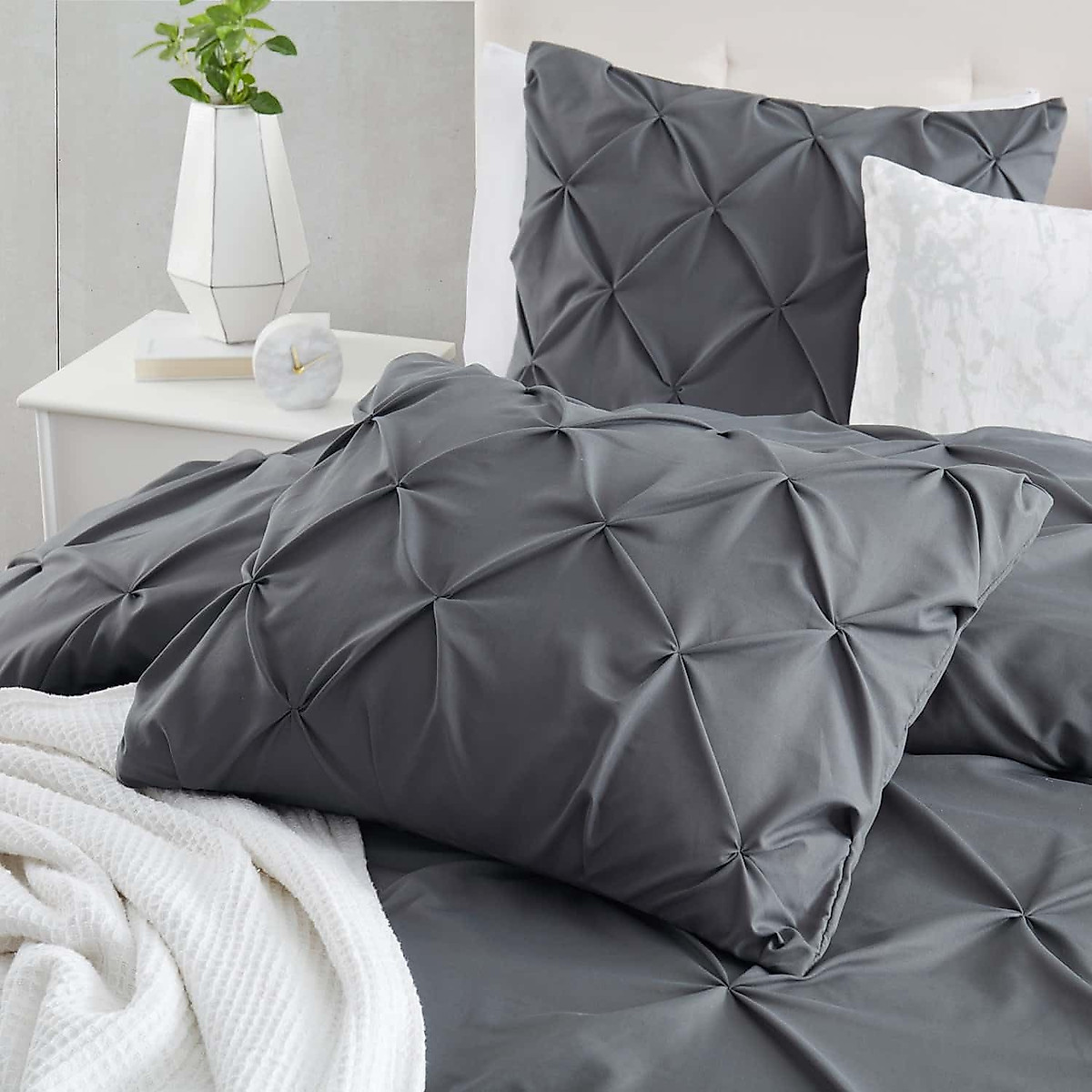 Nestl Grey Duvet Cover Queen Size - Pintuck Queen Duvet Cover Set, 3 Piece Double Brushed Duvet Covers with Button Closure, 1 Pinch Pleated Duvet Cover 90x90 inches and 2 Pillow Shams