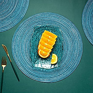 AHHFSMEI Round Placemats Set of 6 Round Braided Place mats 15 Inch Table Mats for Dining Tables Washable Heat Resistant Place mats for Party BBQ Christmas and Everyday Use (Blue Silver)