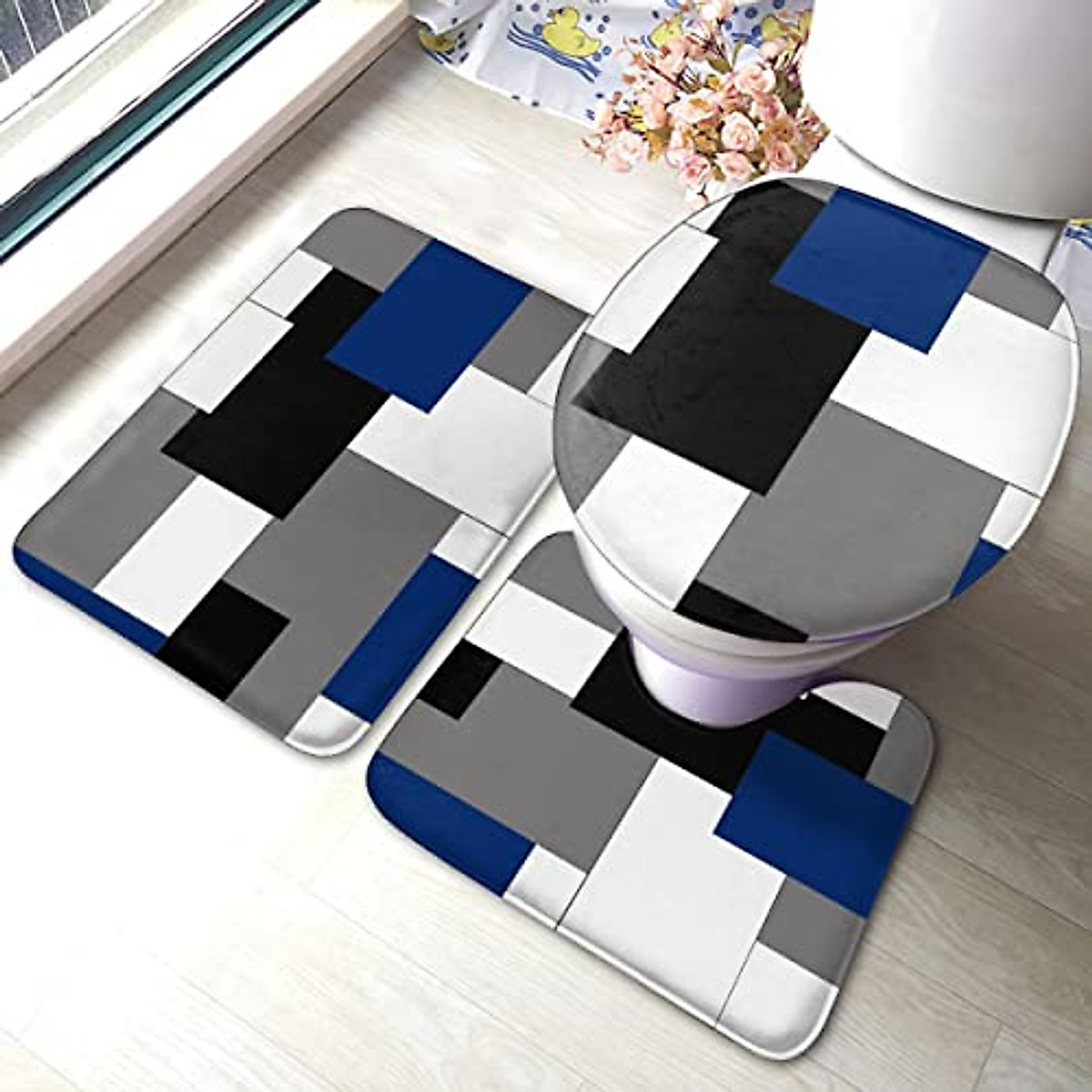 4 Pcs Geometric Blue Shower Curtain Sets with Non-Slip Rugs,Toilet Lid Cover and Bath Mat, Black and Gray Bathroom Decor Set Accessories with Polyester Fabric Durable Shower Curtains