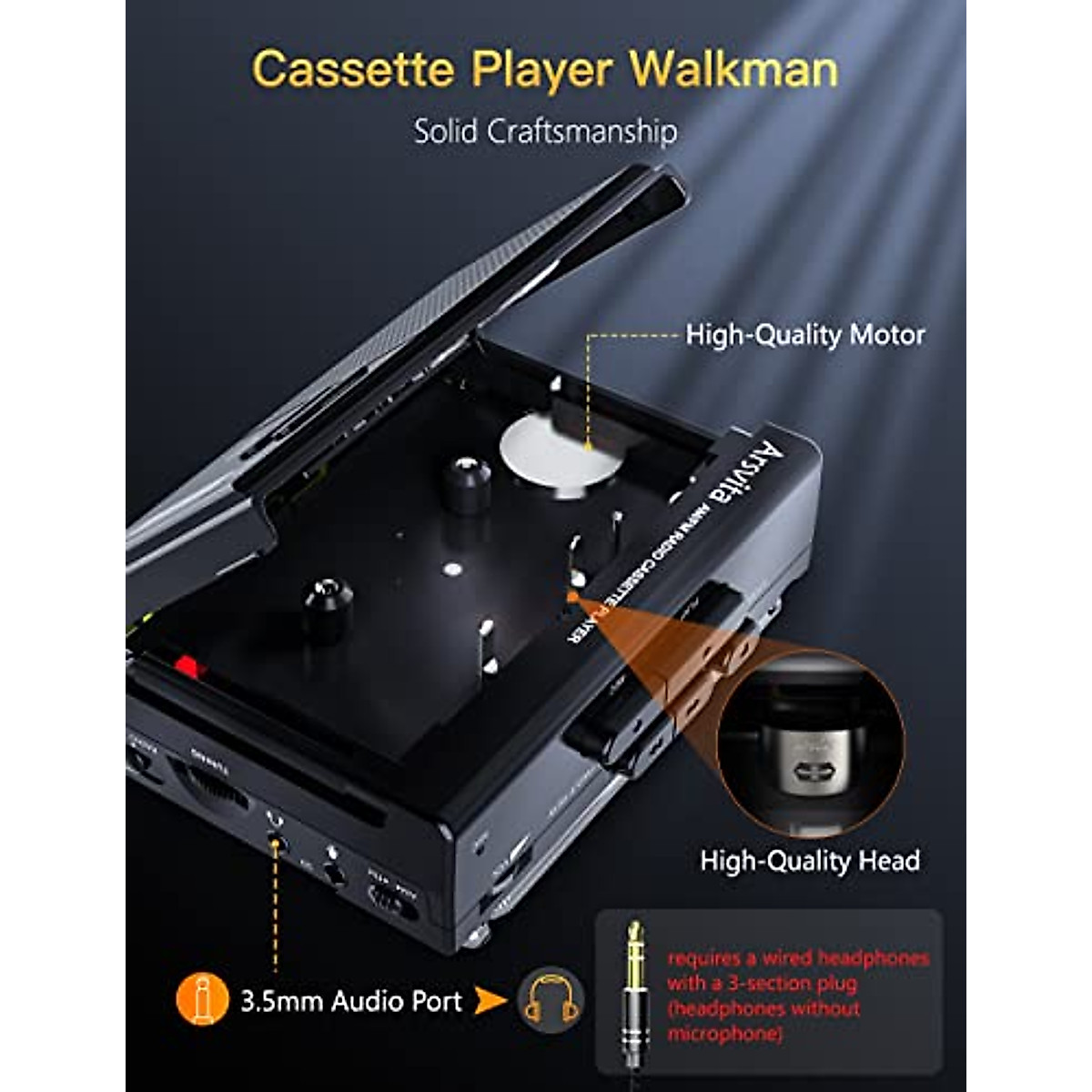 Arsvita Portable Cassette Player and Recorder, Cassette to MP3 Digital Converter, AM/FM Radio Tape Walkman, Support 4-32G Micro SD Card, Build-in Speaker and Microphone, Black