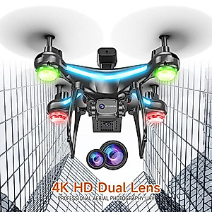 Qiopertar Drone with 4K Dual HD FPV Camera Optical Fl-ow Localization Remote Control with Altitude Hold Headless Mode One Key Start Speed Toys Gifts for Boys Girls