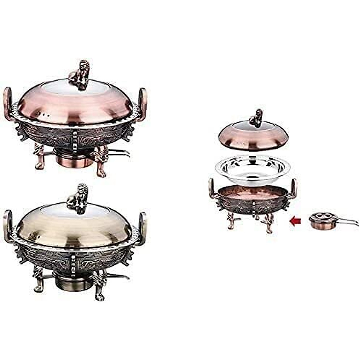 KAMWD 3L Stainless Steel Chafing Dish Round Chafer Buffet Warmers W/Food Pans, Aluminum Stand, Visible Pot Lid and Fuel Holders for Weddings Parties,Red Copper (Color : Red Copper)