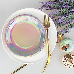 Pandecor 50 Pieces 7 Inches Disposable Paper Plates,Cakes Dessert Salad Pizza Holographic Rainbow Silver Round Plates Birthday Party Decorations Wedding Anniversary Christmas (Holographic)