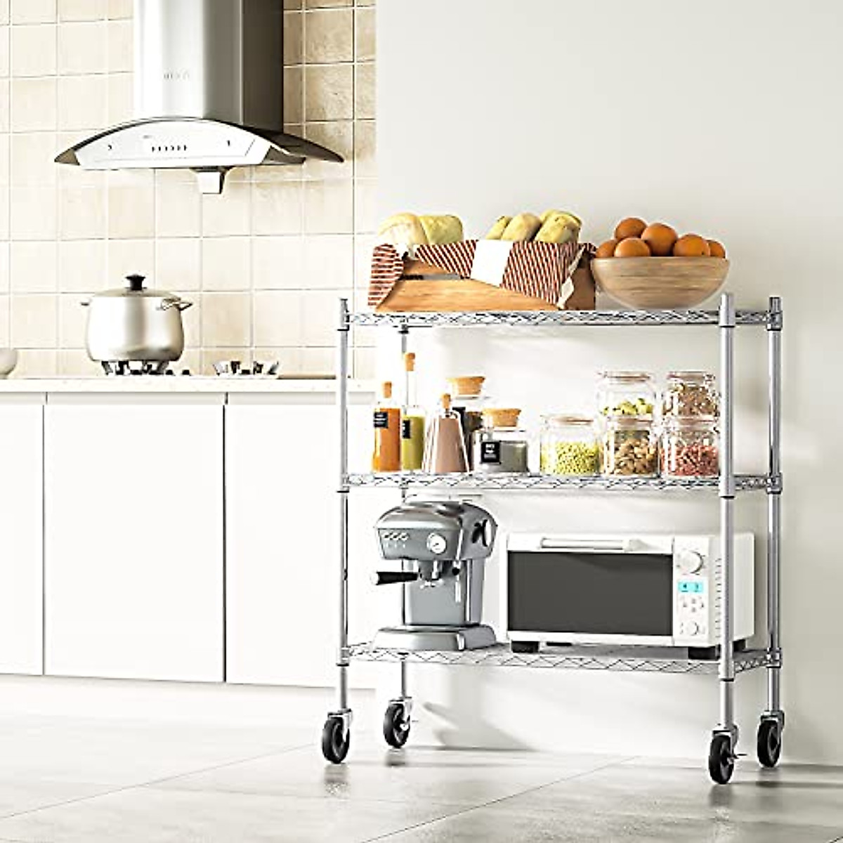 Auslar 3-Shelf Storage Shelves with Casters Heavy Duty 3-Tier Rolling Cart Utility Racks Adjustable Wire Metal Storage Shelving, Chrome