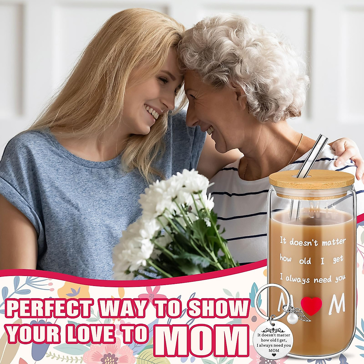 Yetene 2 Pcs Mother's Day Gifts 16 oz Coffee Glass Cup and Mom Keychain for Mama Coffee Mug with Straw and Lid Mom Birthday Gifts from Daughter Son