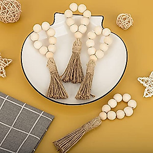 Wood Bead Napkin Rings Natural Wooden Beads Napkin Holders with Tassels Elastic Wooden Napkin Buckles for Christmas Farmhouse Wedding Home Table Decoration (6)