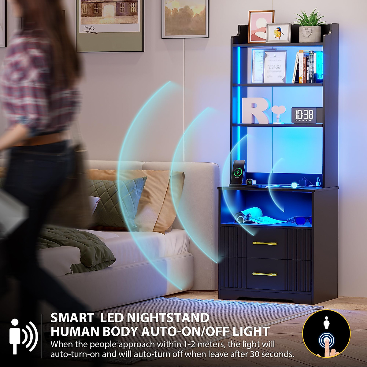 Vlsrka Tall Nightstand with Charging Station, 54" Smart Nightstand with LED Lights, Modern Night Stand with Bookshelf, Bedside Tables with Storage Cabinet for Bedroom, Black