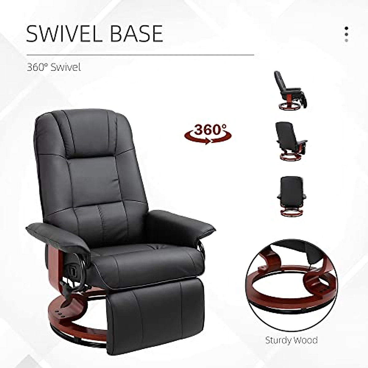 HOMCOM Faux Leather Manual Recliner, Adjustable Swivel Lounge Chair with Footrest, Armrest and Wrapped Wood Base for Living Room, Black