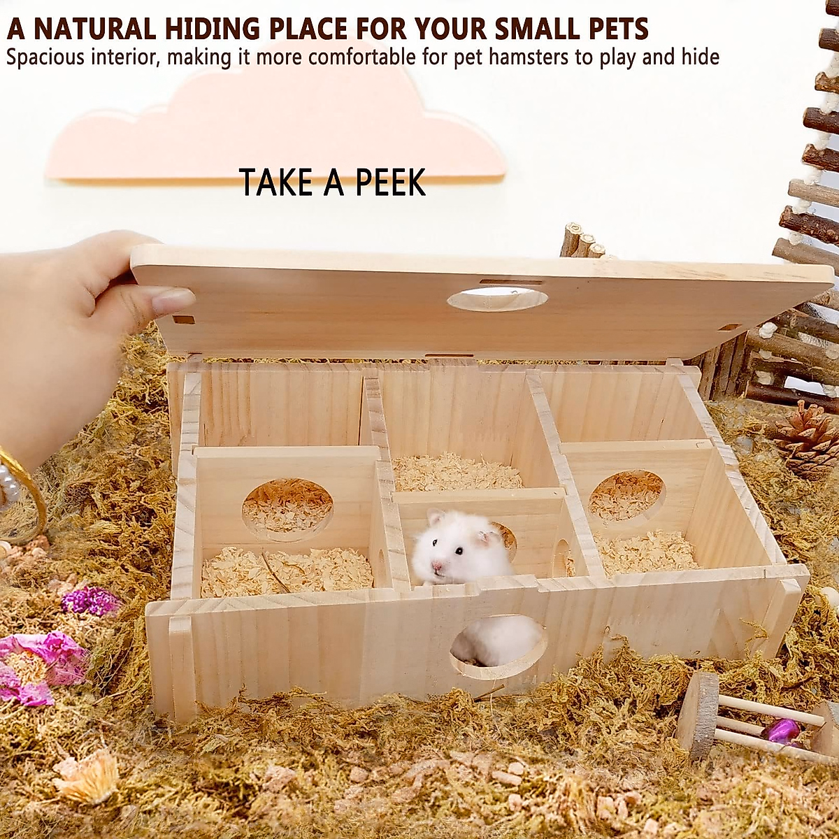 kathson Multi-Chamber Hamster Maze House,Wooden Syrian Hamster Maze Hideout,Small Pets Habitats Decor,6-Room Hideouts & Tunnel Exploring Toys for Dwarf Hamsters,Gerbils,Mice,Lemmings,Mouse