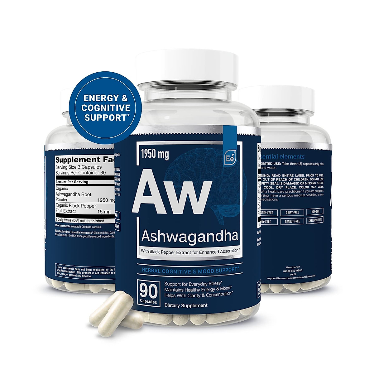 Essential Elements Ashwagandha Root 1950mg with Black Pepper Extract for Absorption 90 Vegan Capsules