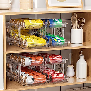 LAMU Soda Can Dispenser for Refrigerator, Set of 2 Adjustable Width Soda Can Organizer 2-Layer Beverage Pop Can Holder Drink Organizer for Fridge, Pantry, Cabinet, Countertop, Clear