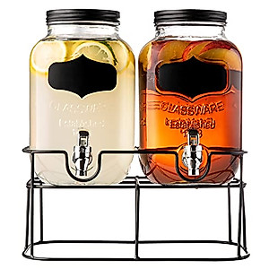 Royalty Art Dual Mason Jar Drink Dispensers with Metal Stand (4-Liters Each) Leakproof, Easy-Pull Spigots and Screw-On Lids Clear, Heavy-Duty Glass Chalkboard Sticker Labels