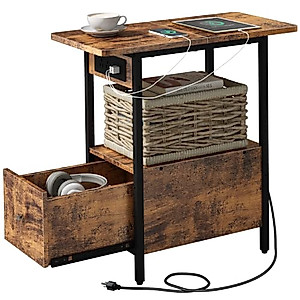 LIDYUK End Table with Charging Station, Narrow Side Table with Drawer and USB Ports & Power Outlets, Nightstand Bedside Tables for Small Spaces, Bedroom, Living Room, Brown