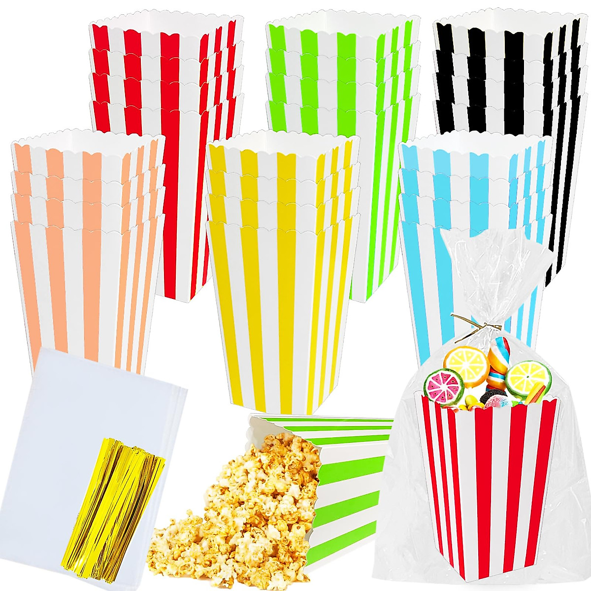 24 Pack Mini Popcorn Boxes,Candy Favor Treat Box with Clear Cellophane Bags,Paper Popcorn Buckets Containers for Birthday,Baby Shower,Party Favor