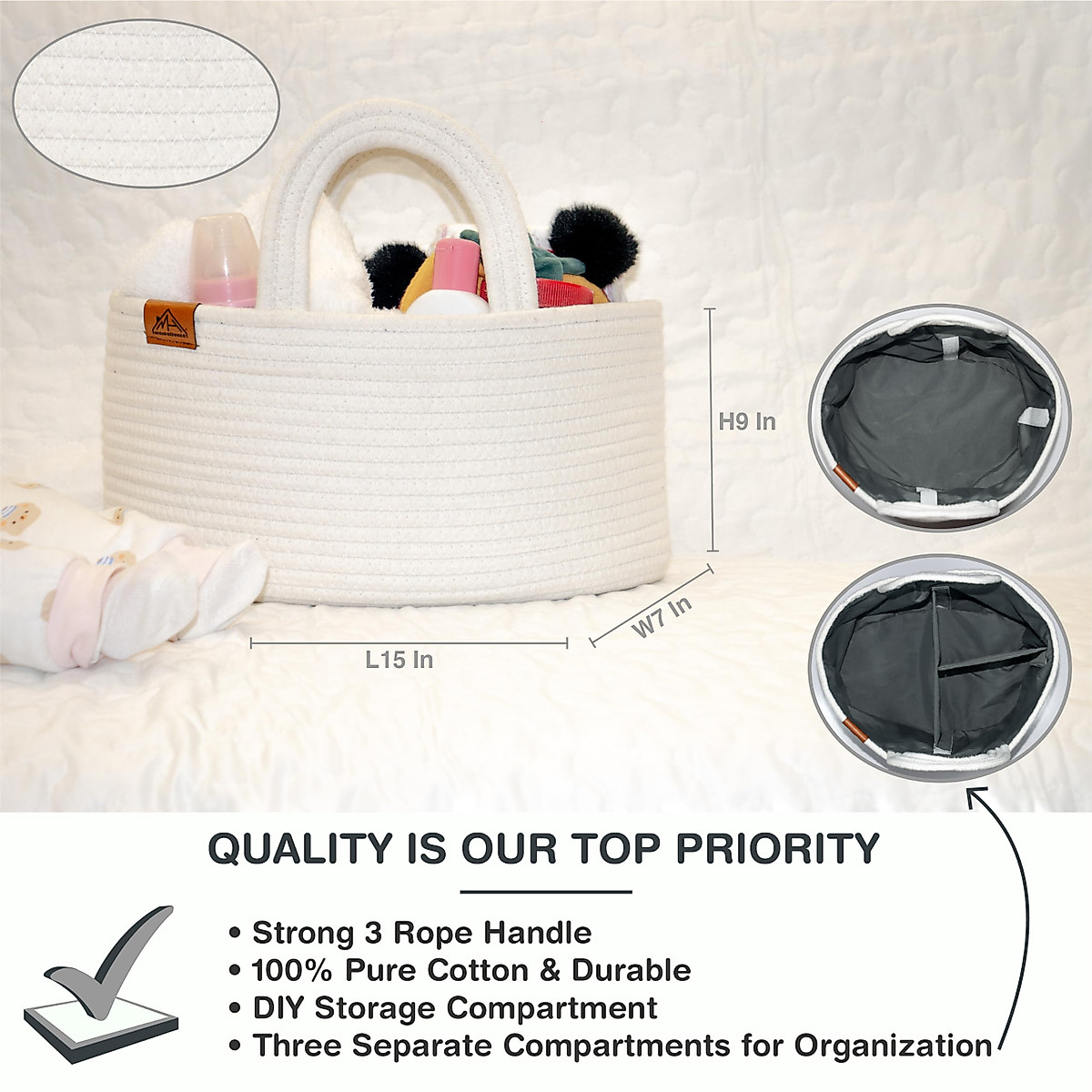 Mojoohouse Baby Diaper Caddy Organizer, Large Nursery Storage Bin, Car Organizer for Diapers with dividers, Portable Tote Bag, Cotton Rope Diaper Basket for Boy Girl (White)