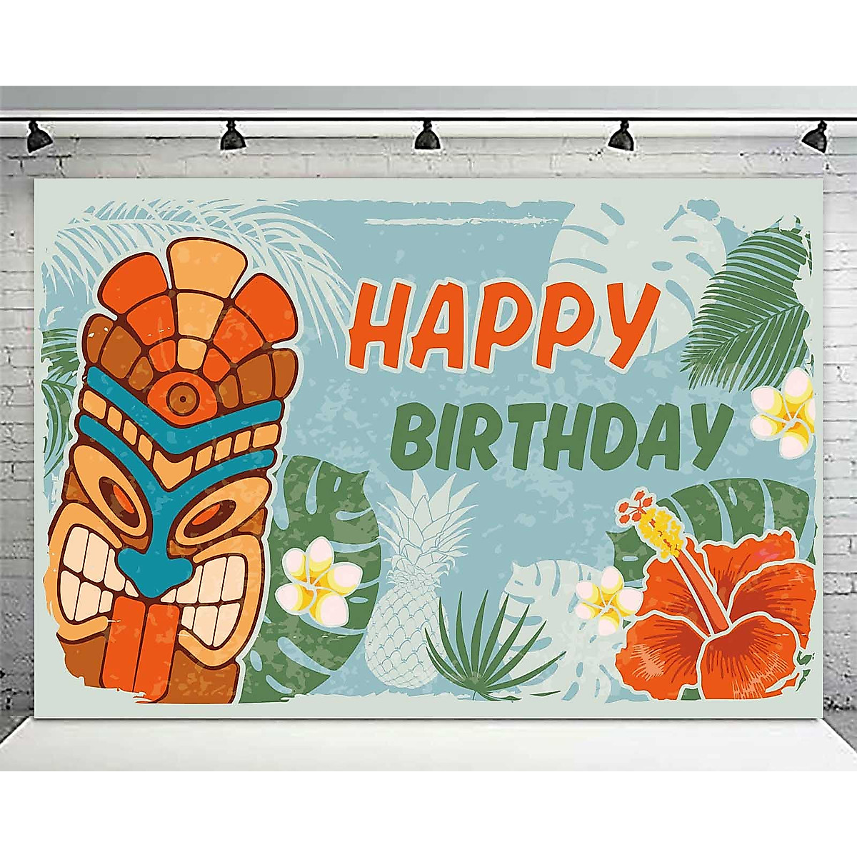 Happy Birthday Banner Backdrop Hawaii Aloha Totem Palm Tree Leaves Theme Decor for Tiki Bar Hawaiian Luau Summer Party Baby Shower Carnival Flag Decorations Favors Supplies Photography