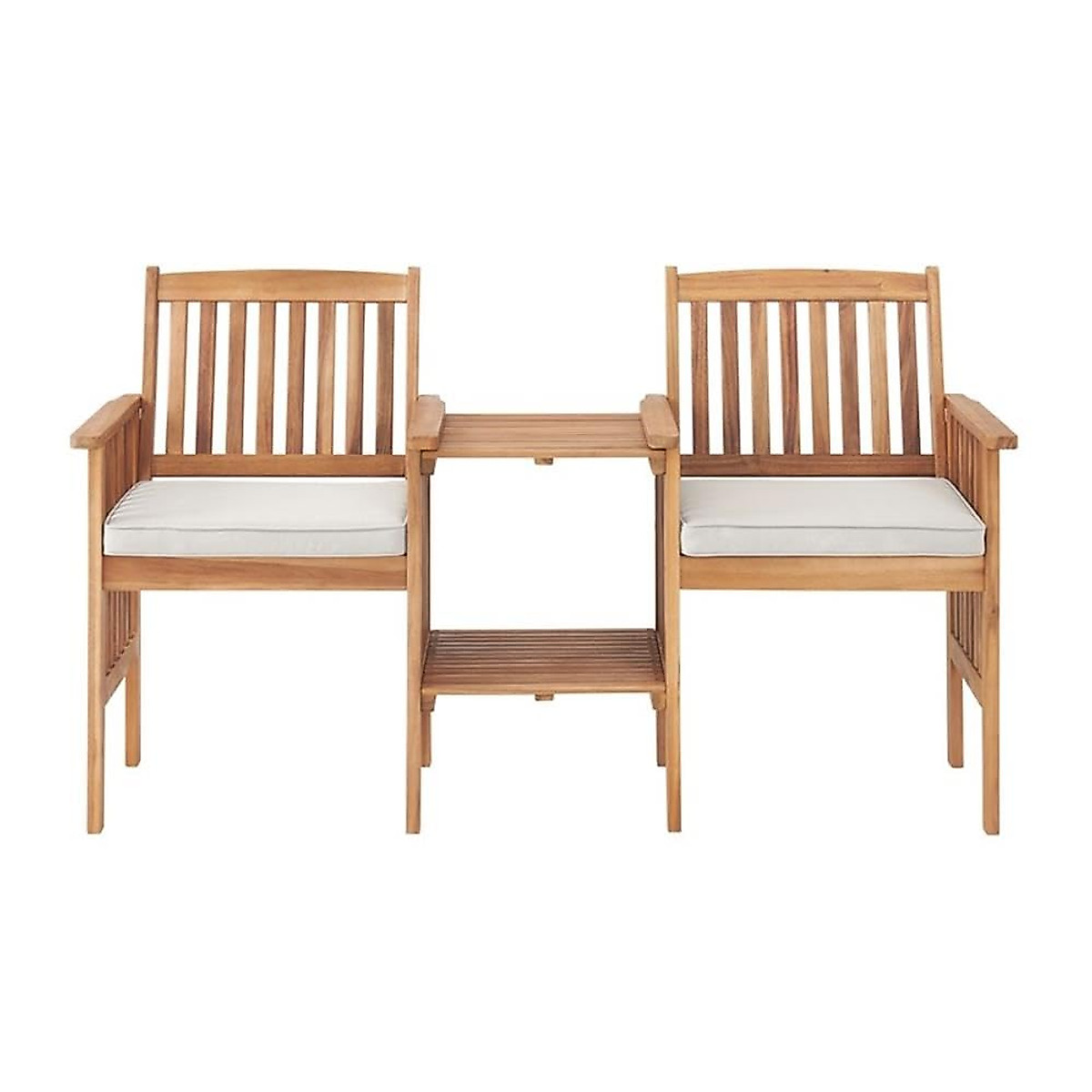 Bristol Acacia Wood Outdoor Double Seat Bench, Attached Table, Weather-Proof, Natural Finish, Porch, 60 in. W x 23 in. D x 35 in. H, Seat: 19 in. W x 17 in. D x 18 in. H, Table: 15 in. W x 18 in. D