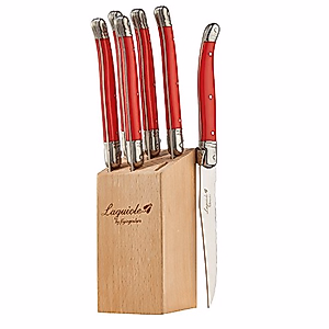 Laguiole By FlyingColors Steak Knife Set, Micro Serrated Blade, Stainless Steel, Wood Block, Red Color Handle, 6 Pieces (Red)