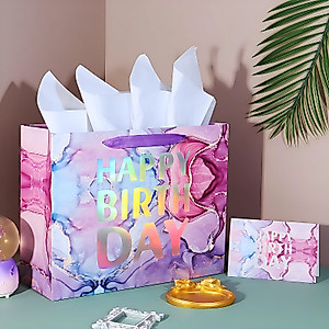 PARNOG 13" Large Happy Birthday Gift Bag with Tissue Paper and Card for Girls Kids Women Birthday