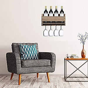 Kakivan Rustic Wall Mounted Wine Rack for 4 Red Wine Glasses Storage, Wooden Wine Bottle Holder for Farmhouse Kitchen Decor, Floating Wine Shelf Organizer for Living Room Display.
