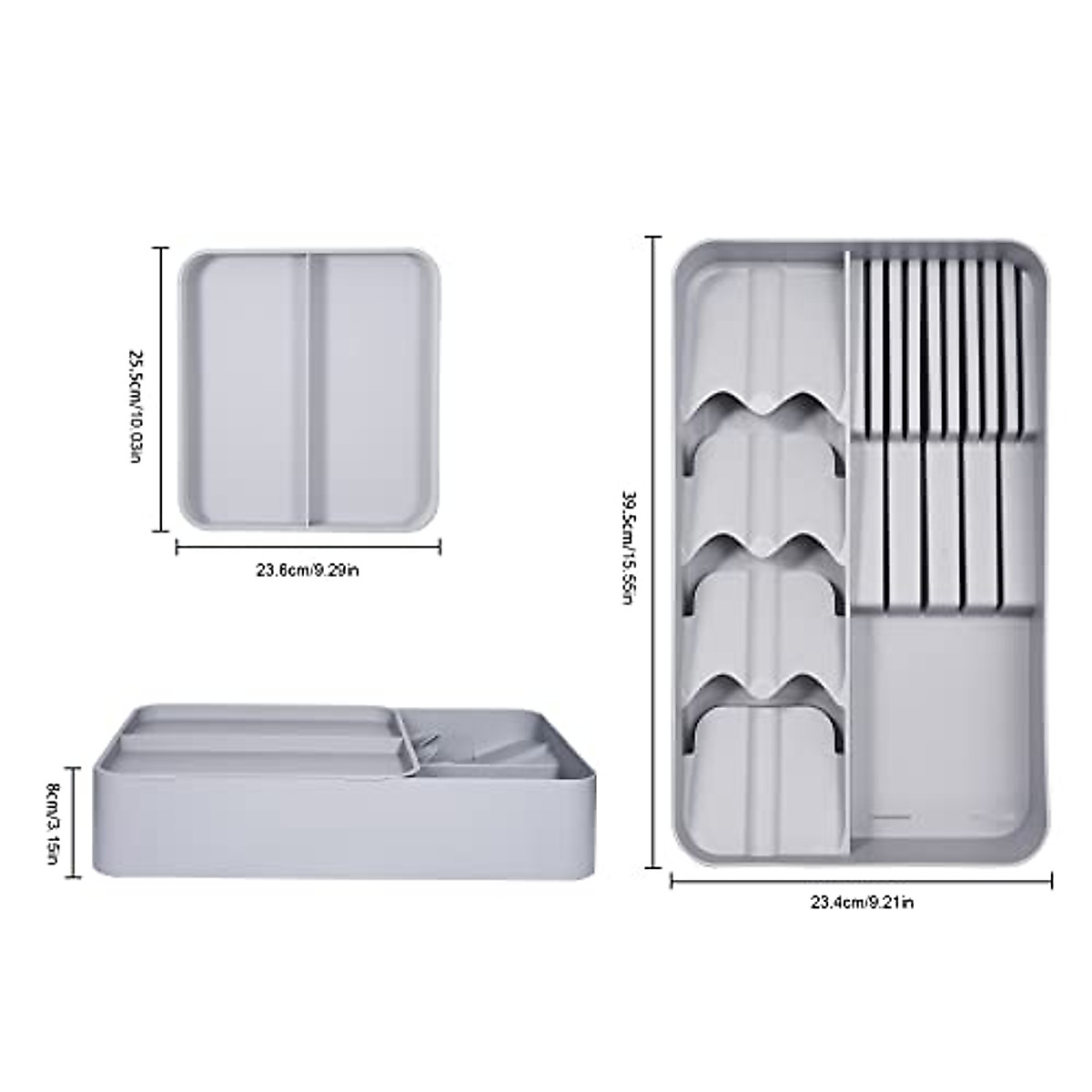 SOMIER 3-in-1 Kitchen Drawer Organizer Flatware Cutlery and Utensil Trays, 2-Tier Knife Holder - 4 Stacked Compartments Silverware Tray - A Removable Divider for Kitchen Gadgets Storage, Gray