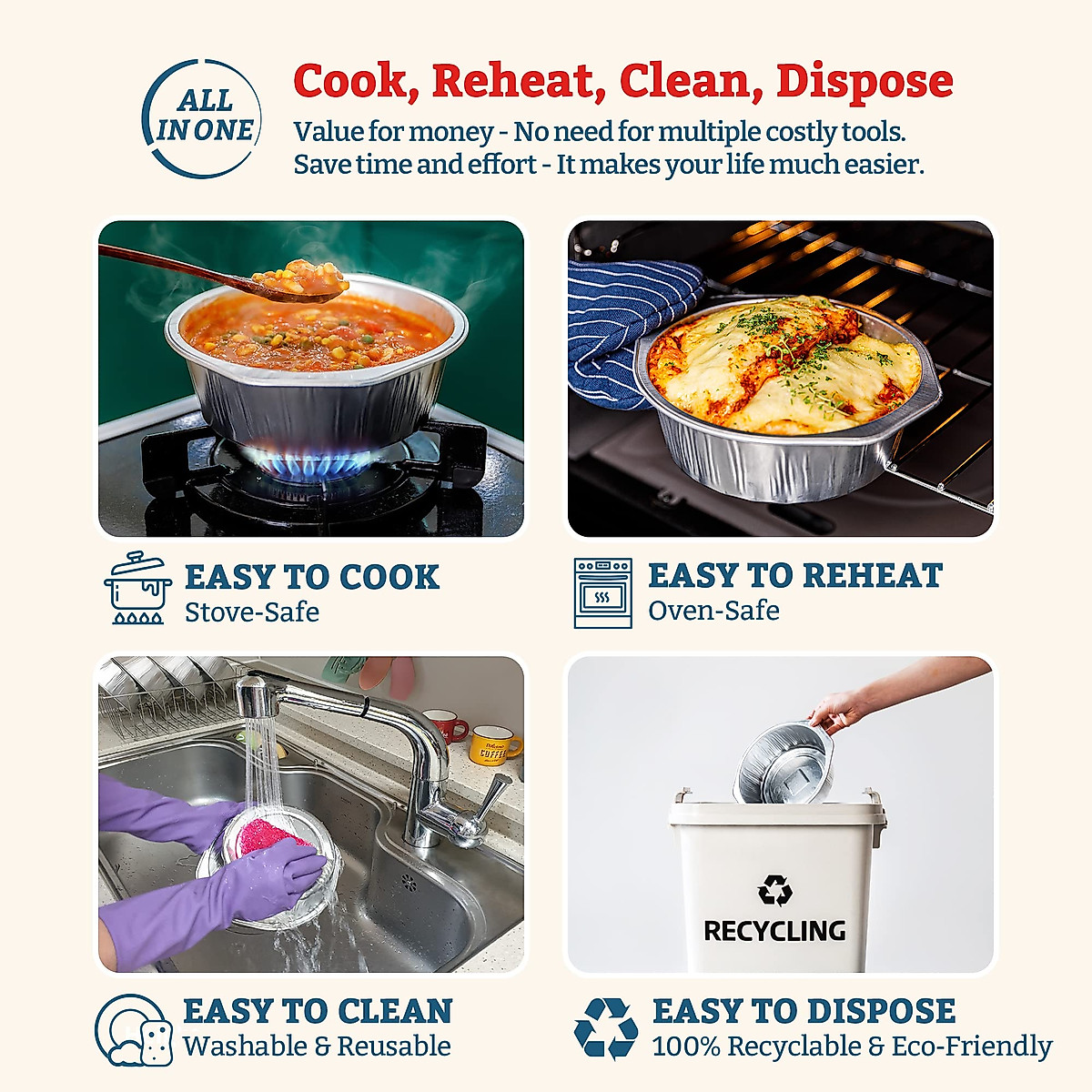 8 Inch Deep Round Disposable Pans (15 Pack) | Reusable Leak-Proof Aluminum Pans for Cooking, Baking, Roasting | Multi-Use Tins for Oven, Freezer, Microwave | Deep Cookware for Casserole, Lasagna, Soup