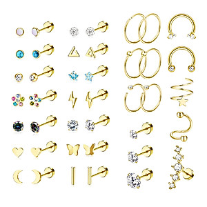 FIBO STEEL 20G Surgical Steel Stud Earrings for Women Multipack Cartilage Studs Hoops Earrings CZ Flower Butterfly Heart Flat Back Earrings Helix Conch Ear Piercings Gold-tone