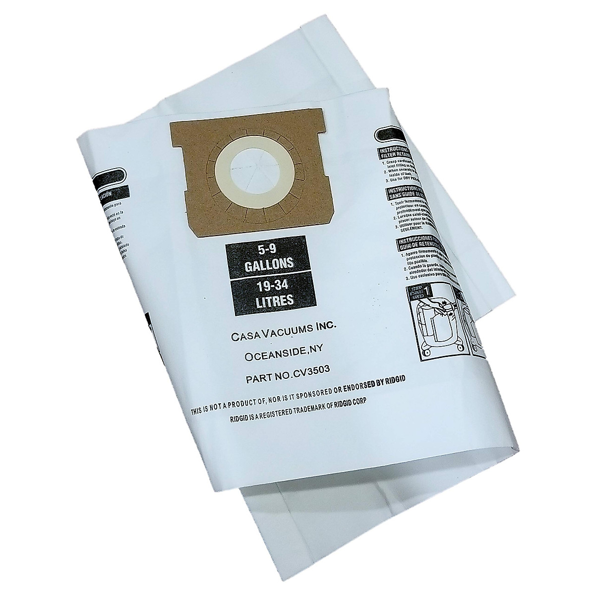 3 Replacement VF3503 Bags. Compatible with Ridgid 5-9 Gallon Wet/Dry Vacuum Units. High Efficiency Multi-Layer Collection Bags.