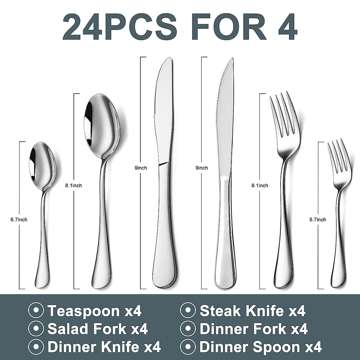 Silverware Set,SANTUO Stainless Steel Knives Spoon Forks Set for Home, Kitchen and Restaurant, Mirror Polished& Dishwasher Safe (24pcs Silverware set)