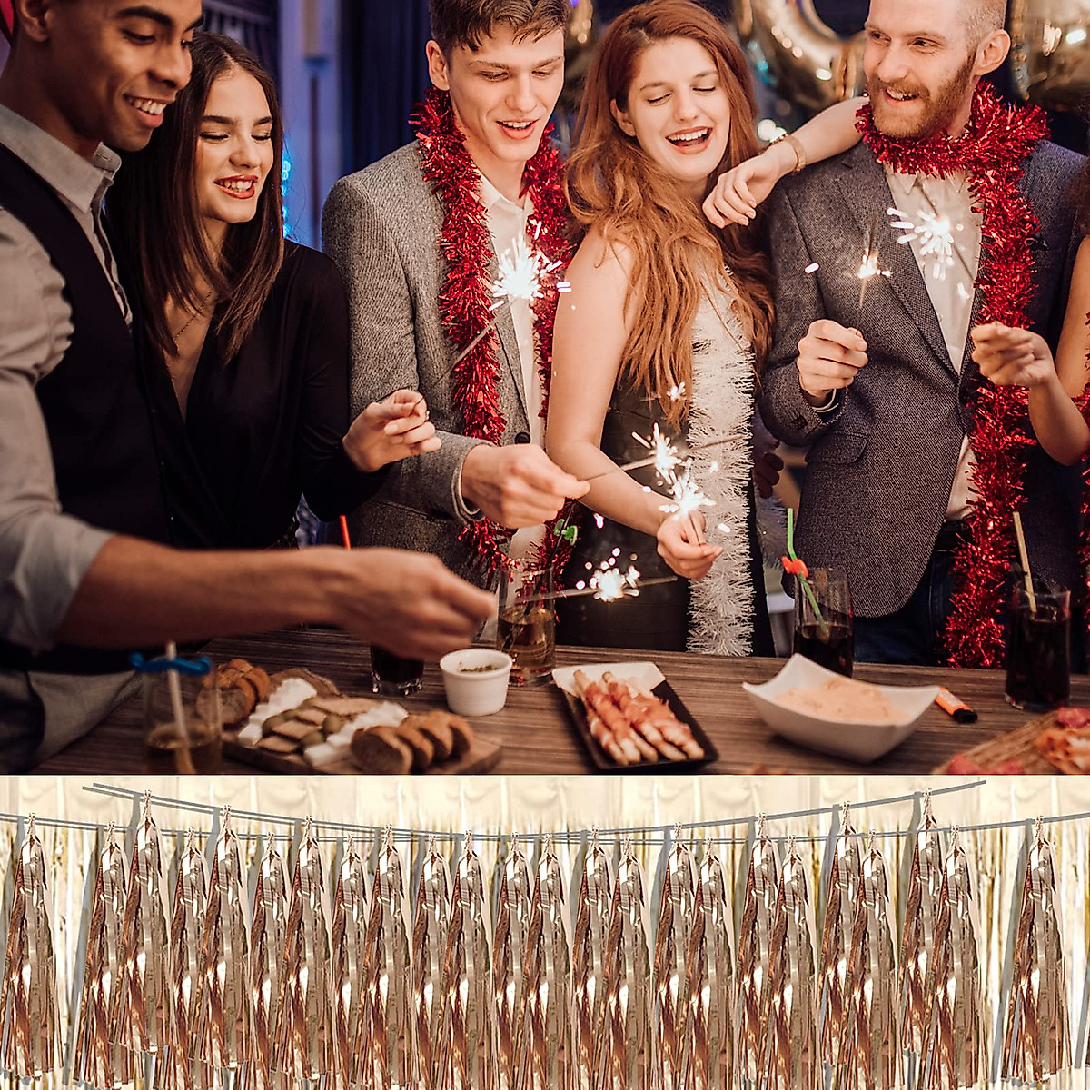 4P Champagne Gold Foil Fringe Metallic Streamers Banner Tassel Garland for Parade Floats, Bachelorette, Wedding, Birthday, Halloween, Christmas, Bridal/Baby Shower Party Decorations