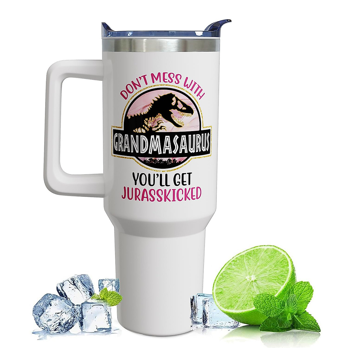 Heqianco Grandma Gifts,Mother's Day Gifts for Grandma, Birthday Gift for Mimi,Best Grandmother Ever Gift,Grandmasaurus Tumbler,Nana Coffee Cups,40oz Gigi Stainless Steel Travel Mugs with Handle