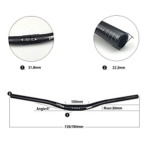 Wake 31.8mm MTB Mountain Bike Handlebar, Aluminum Alloy Mountain Bike Bicycle Riser Handlebar Extra Long 720/780mm with Paint Matte Surface (Black, 780mm)