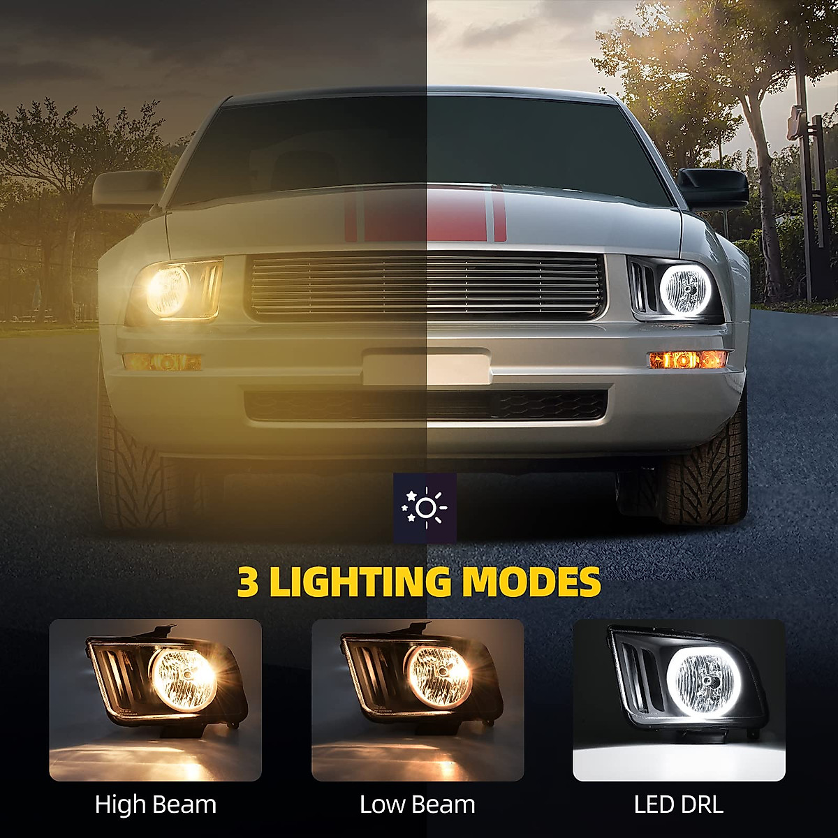 DWVO Headlight Aseembly Compatible with Ford Mustang 05 06 07 08 09 2005 2006 2007 2008 2009 Headlamp with Led DRL