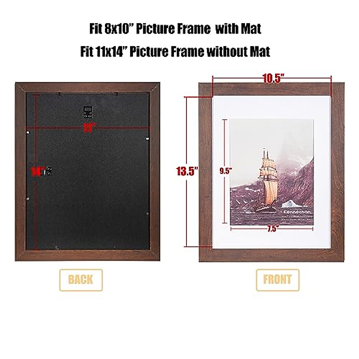 kennethan 11x14 Picture Frame Dark Brown 2 Pcs in 1 set 11x14 Frame can Display 8x10 Picture with Mat or 11x14 Without Mat on the Wall