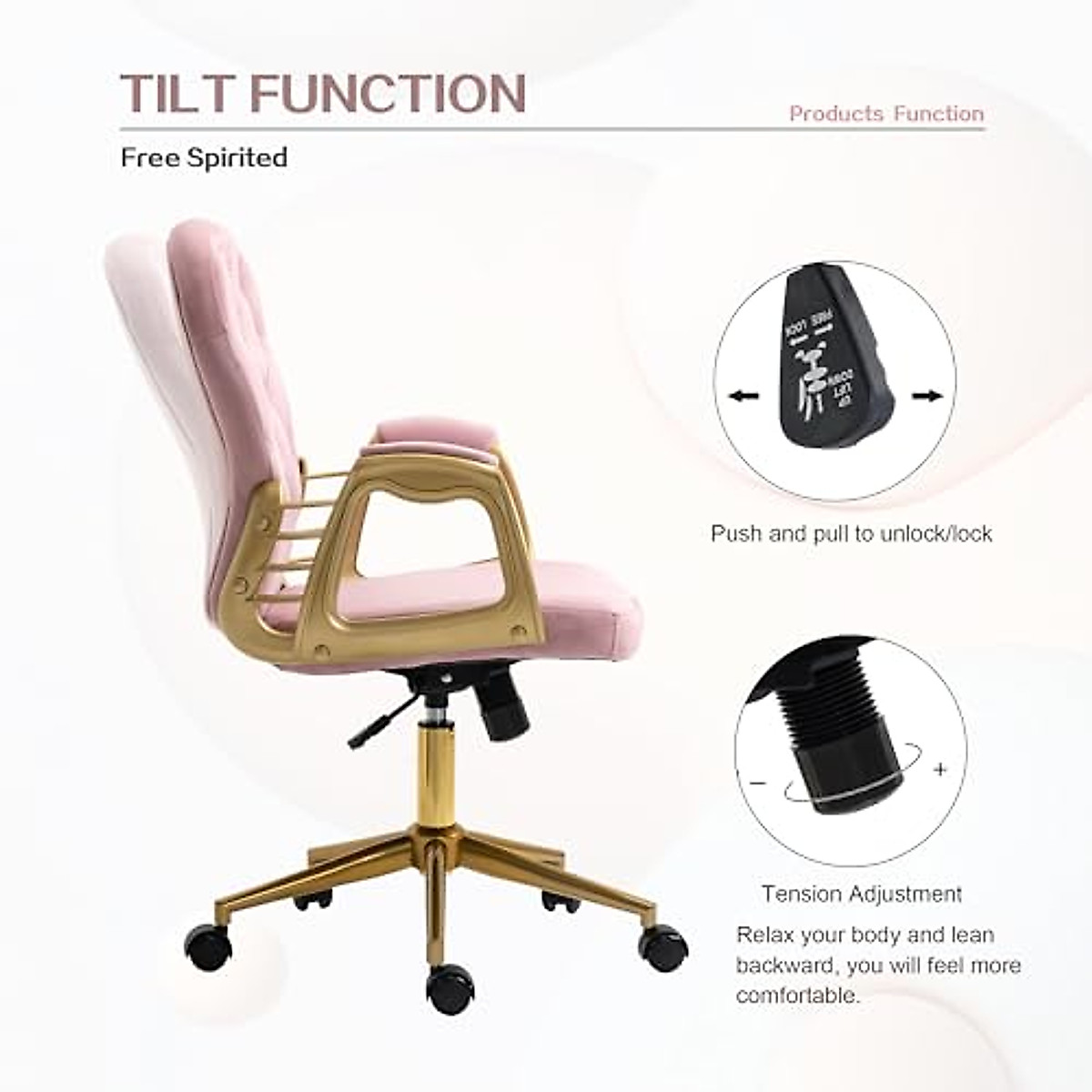 cayglow Velvet Home Office Desk Chair Comfy with Gold Legs and Arms, Comfortable Makeup Vanity Chair with Back and Wheels, Button Tufted Armchair Swivel Rolling Chair for Girls Women Bedroom,Pink