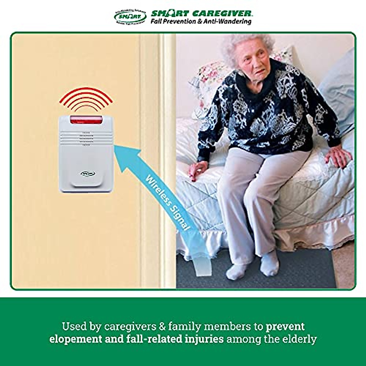 Smart Caregiver Cordless Floor Mat Pressure Pad with Economy Cordless Alarm (No Alarm in Patient's Room), Gray, 24” x 48”