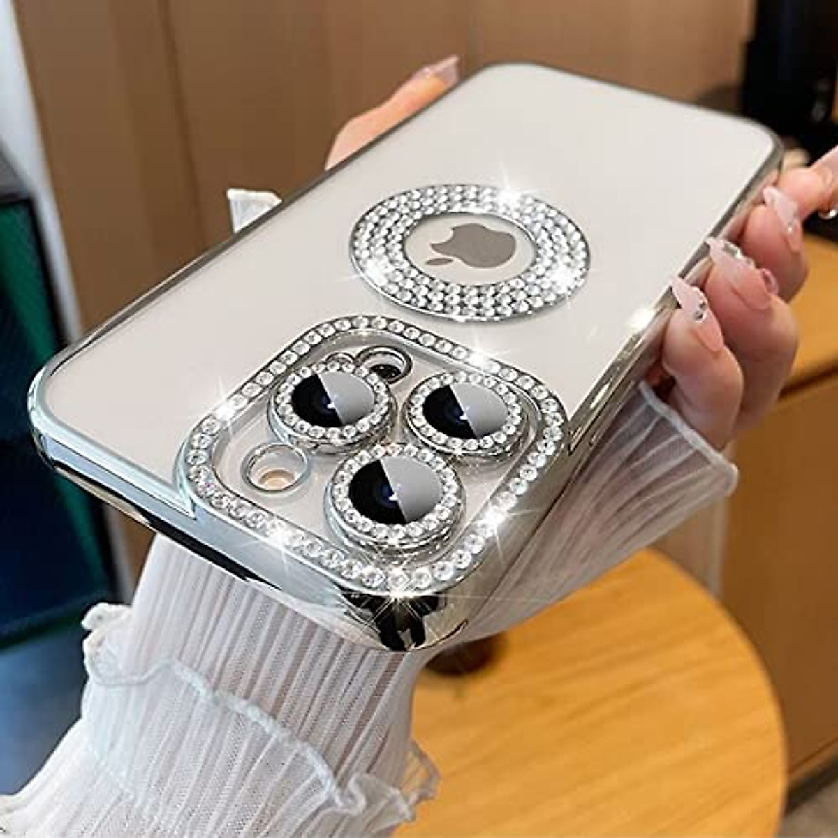 Changjia for iPhone 13 Pro Max Clear Glitter Case,Cute Bling Sparkle Shiny with Rhinestones Diamond Camera Protection Logo View Soft Plating Bumper Women Girls Case for iPhone 13 Pro Max 6.7" (Silver)