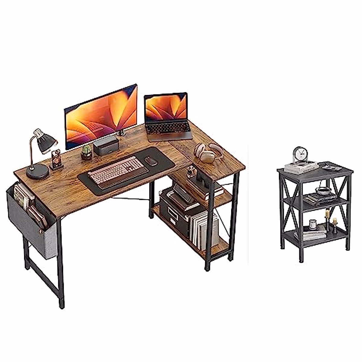 CubiCubi 40 Inch Small L Shaped Computer Desk with Storage Shelves, Corner Desk with Oxford Side Table, Dual USB Charging Ports End Table