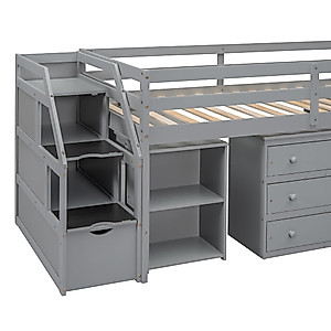 Loft Bed and 3 Drawers, Wooden Loft Bed with Storage Stairs and Shelves, Gray