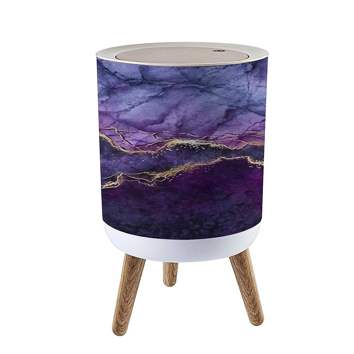 KCDCYCZEAL Small Trash Can with Lid Abstract marbling Violet Blue Purple Marble with Golden Veins Fake Round Recycle Bin Press Top Dog Color