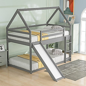 Bellemave Twin Over Twin House Bunk Bed with Slide, House Bunk Bed Kids Bunk Bed with Roof and Ladder for Kids Girls Boys (Grey)