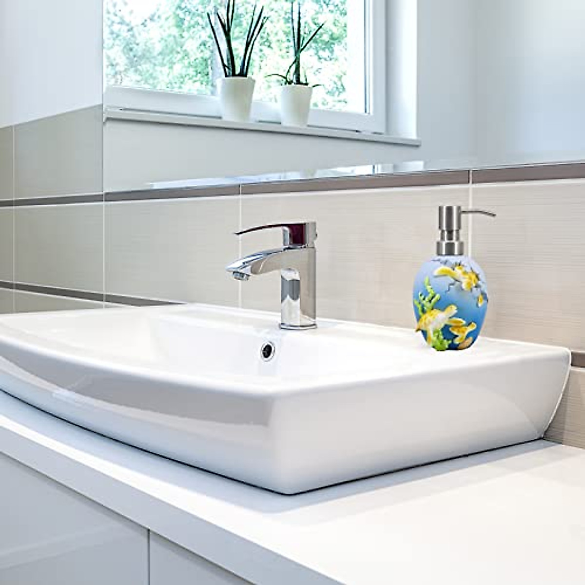 YHHRESINKING Resin Sea Turtle Mother and Baby Soap Dispenser, Beach, Bathroom Accessory,Ocean Theme Sea Turtle Family Bathroom Decor,Coastal Decor (Ocean Blue)