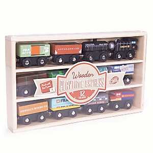 Playtime Express Train Set | 12-Piece Wooden Train Box | Includes Unique Custom Designs and Classics: Recycling Transport, Timber Train, Wheat Car, Coal Train, Oil Tanker, and More